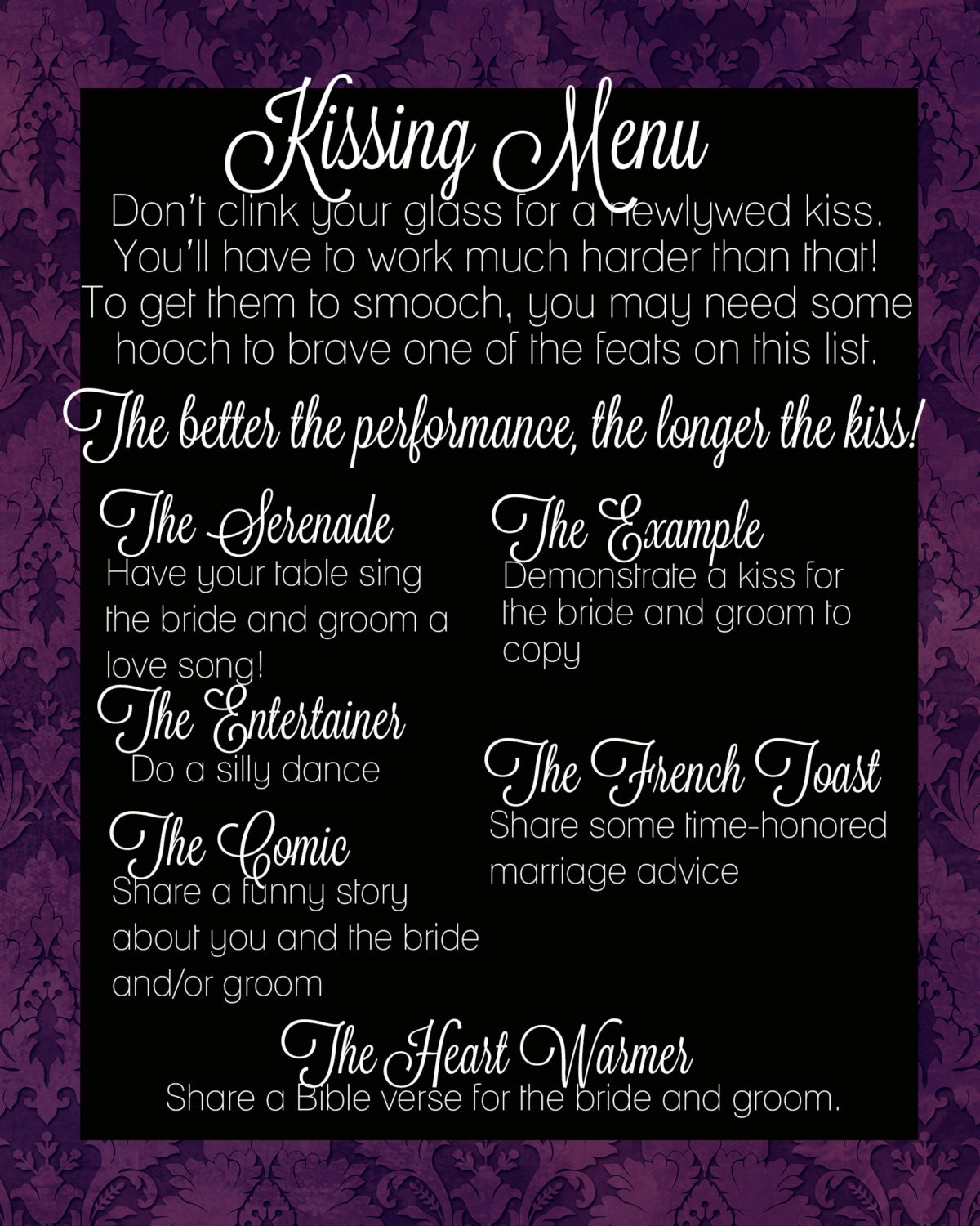 The Kissing Menu Wedding Decorations by SteviSaylerPhoto on Etsy