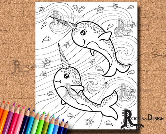 INSTANT DOWNLOAD Coloring Page Narwhals zentangle inspired