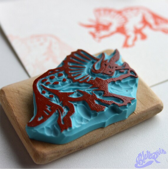 Dinosaur rubber stamp Triceratops hand carved wood mounted