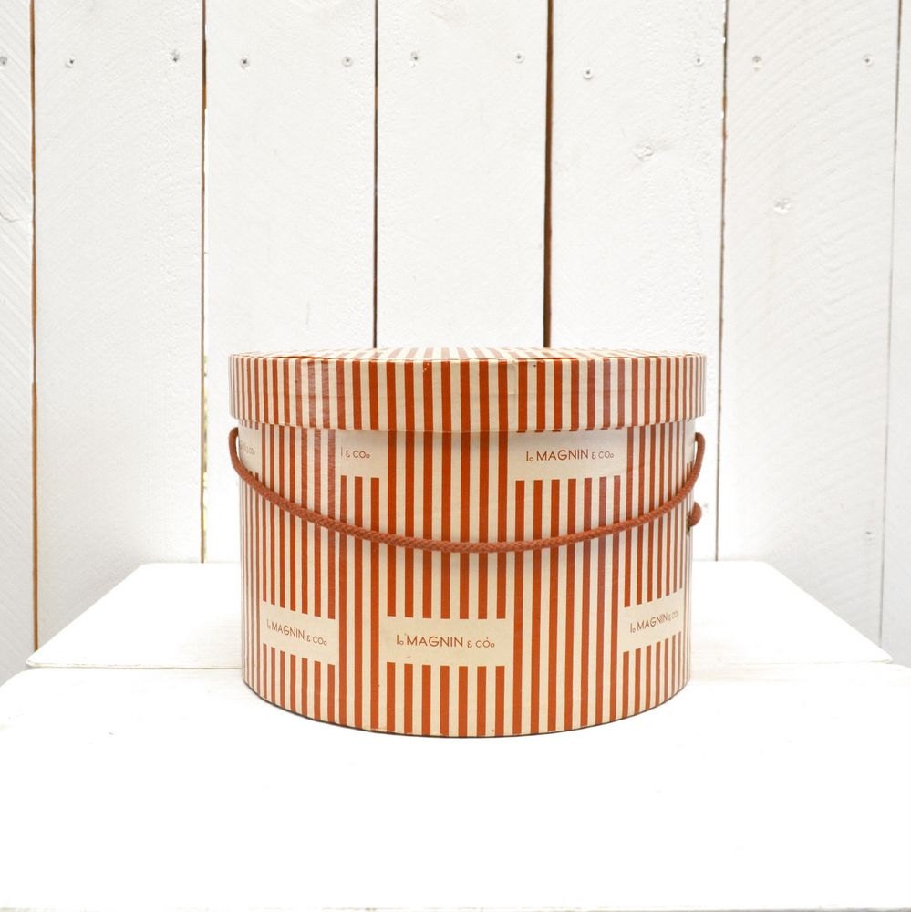 I Magnin Hat Box 60s Vintage Brown Cream Striped Tall Display Decor Box ...