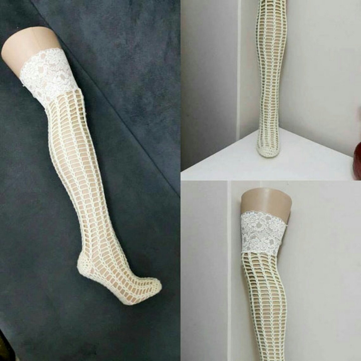 Ivory Lacy Long Stockings With Lace Knee Highs Thigh High