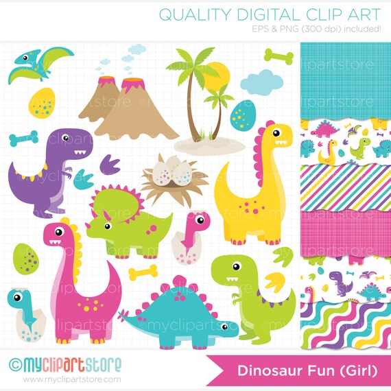 Clipart Combo - Dinosaur Fun (Girl) / Dino Clip Art / Digital Clipart ...