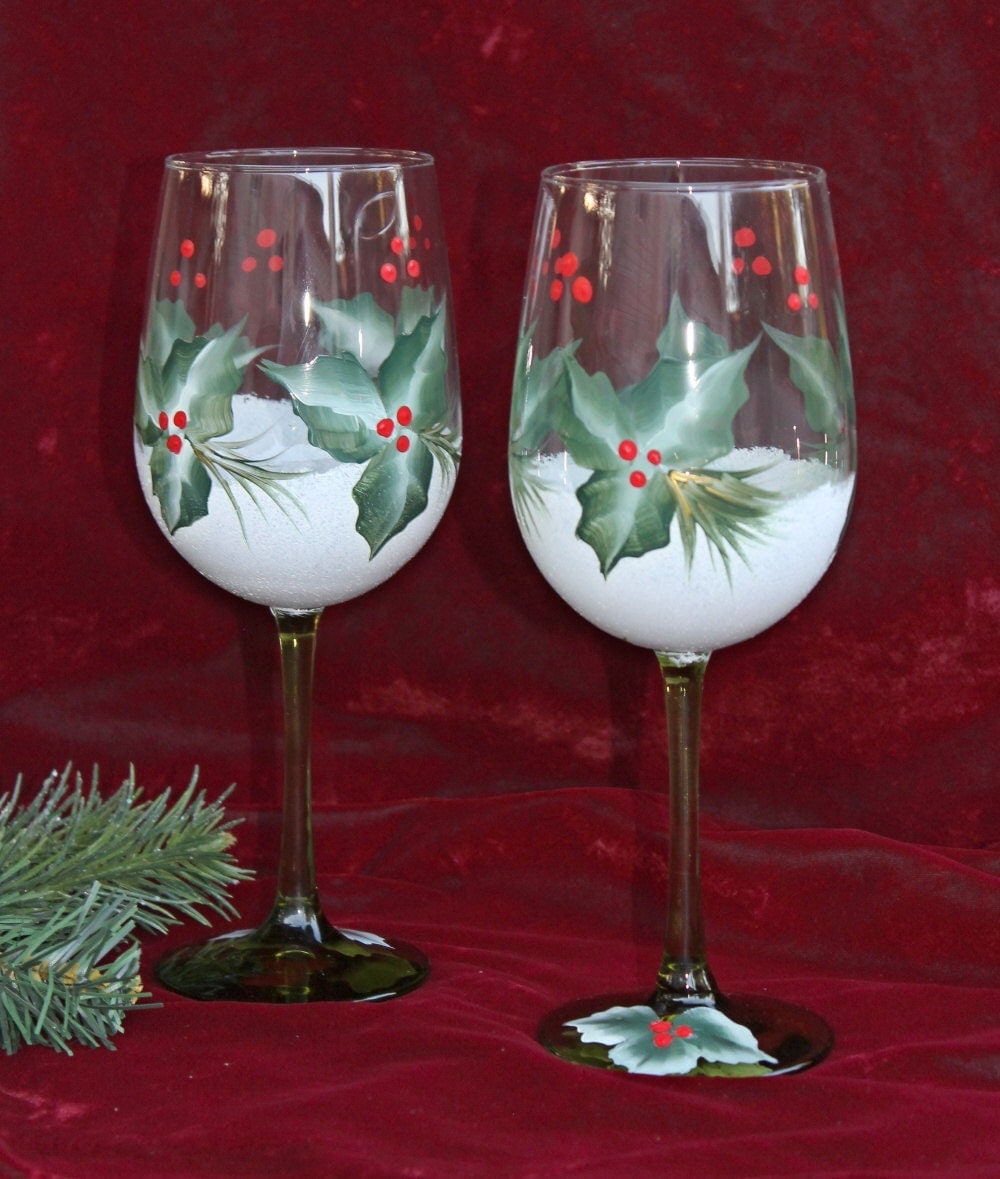 Hand Painted Christmas Wine Glasses Set of 2 Green Stem