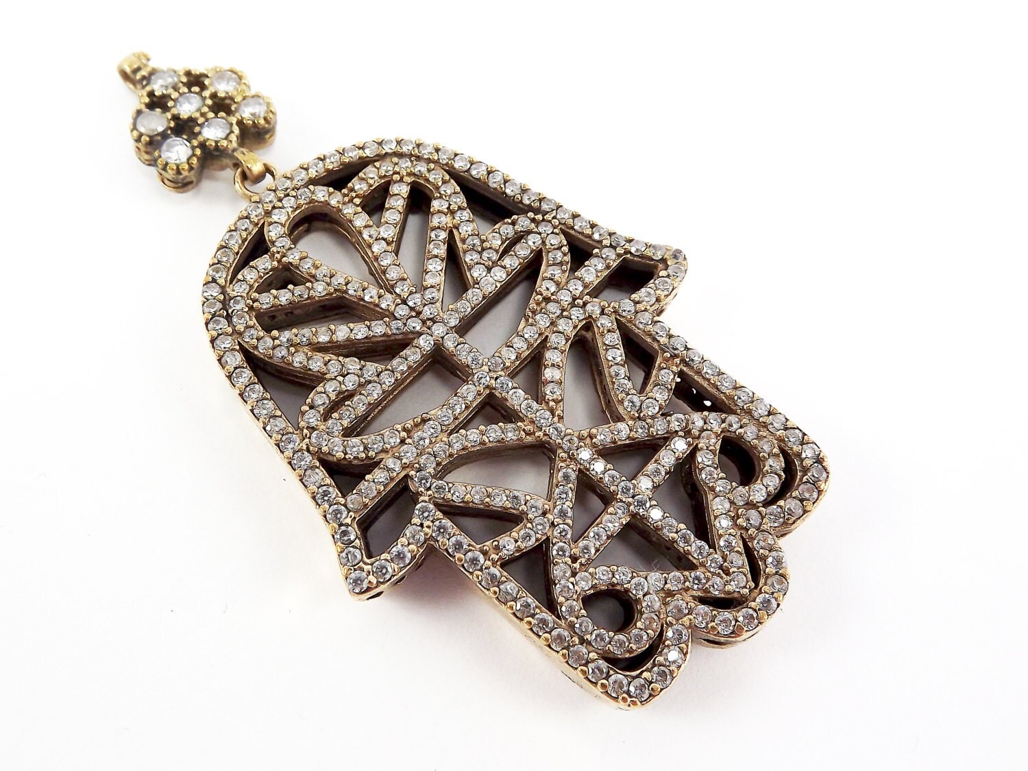 Large Hamsa Hand of Fatima Pendant Clear Crystal Accents