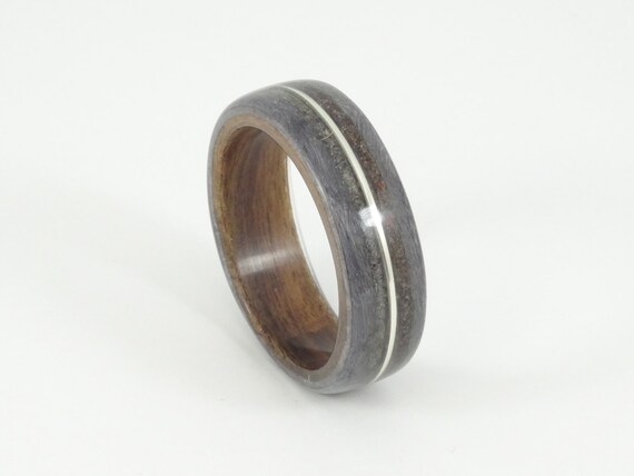 Wood Ring Grey Maple & Rosewood with Dinosaur Bone