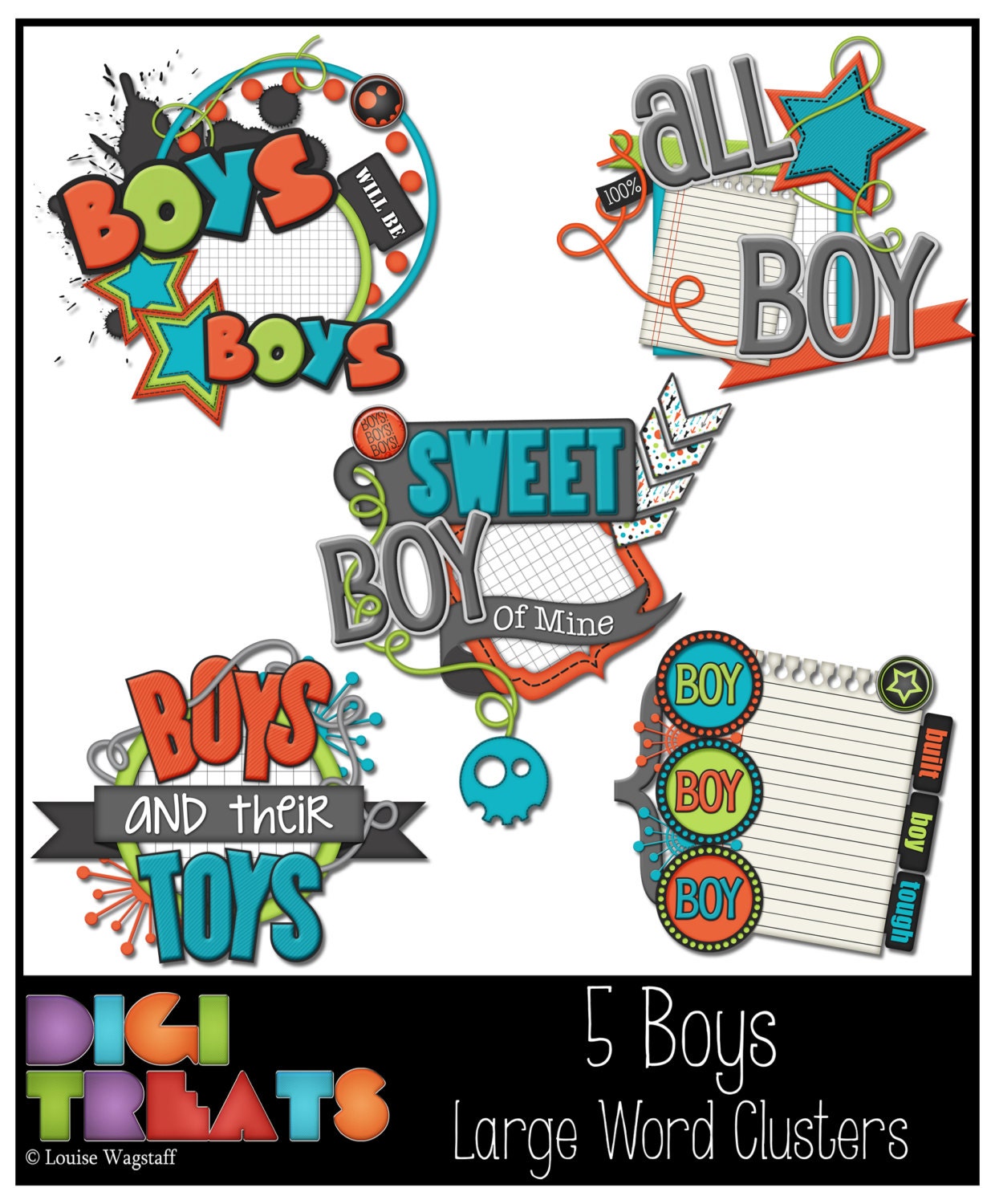 Boys Word Art Clusters 5 Large clip art clusters Boys themed