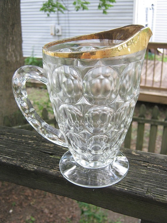 Pressed Glass Pitcher With Gold Trim Thumbprint Design Heavy