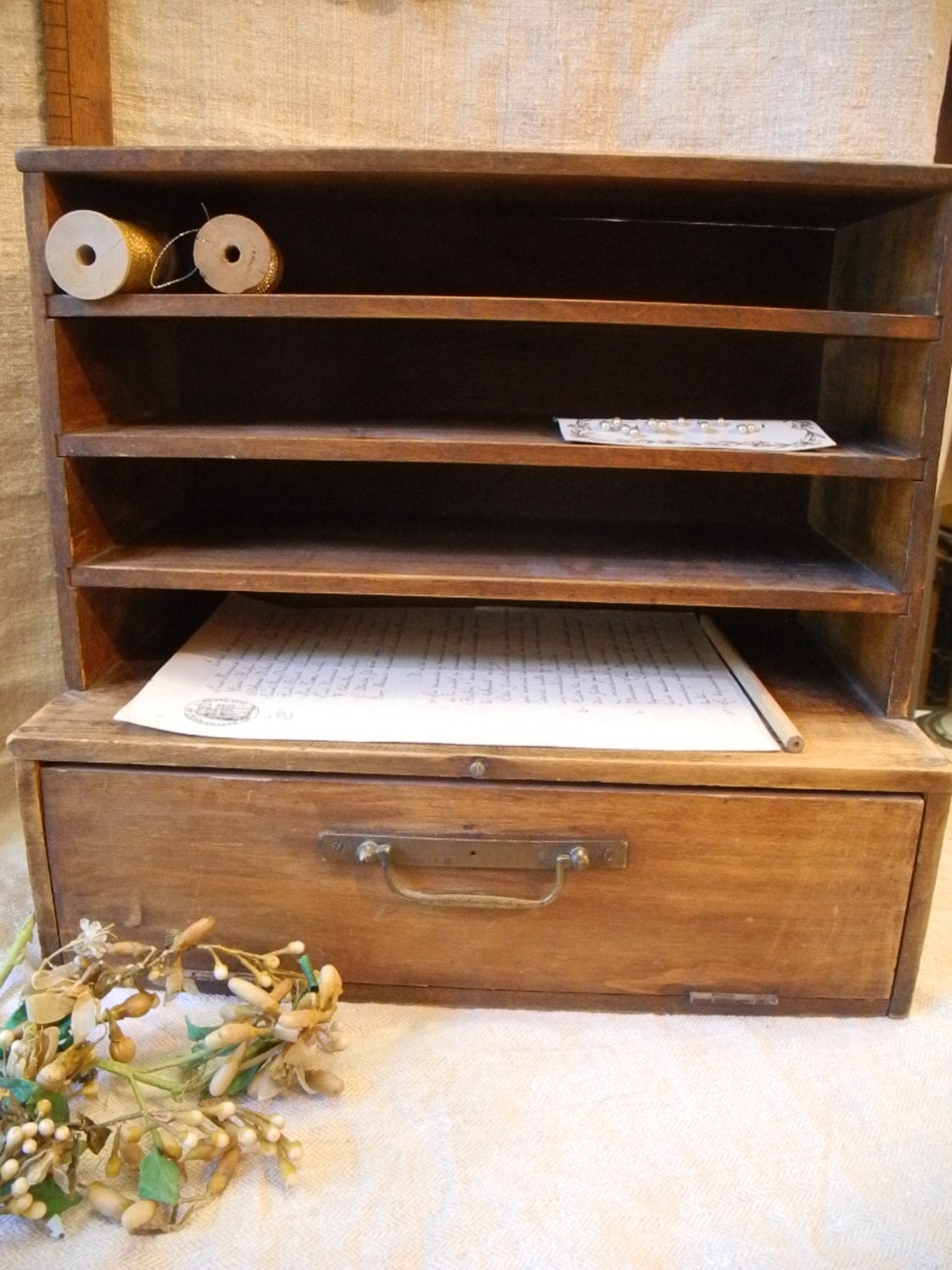 Wooden french letter rack for desk with a drawer, victorian era, XIX ...