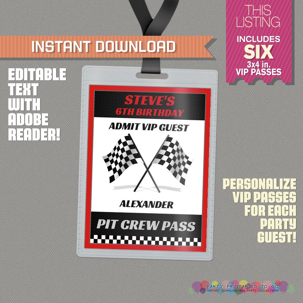 Race Car Party Pit Crew Pass printable Insert Race Car