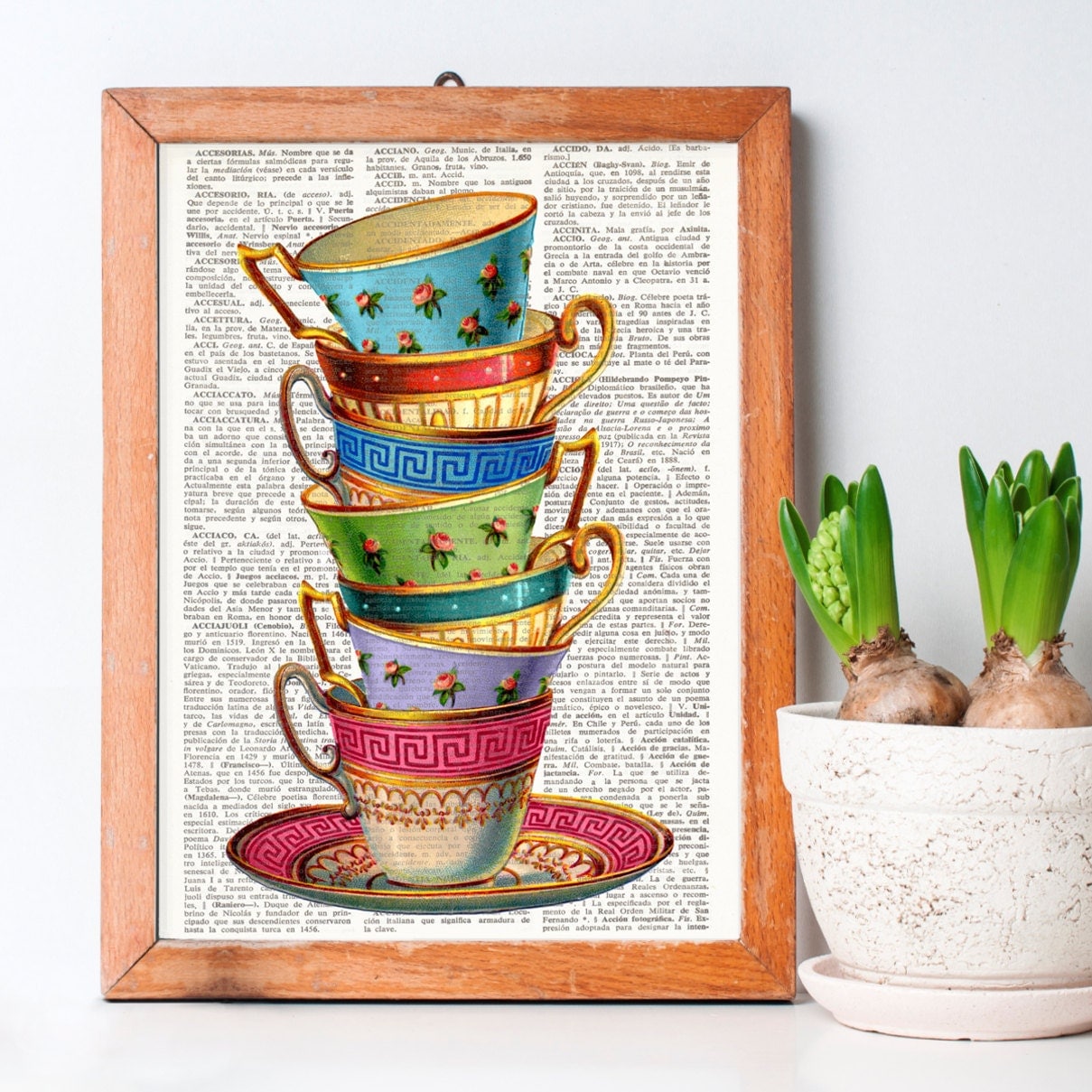 STACKING TEA CUPS Dictionary Art Stacked tea cups Vintage