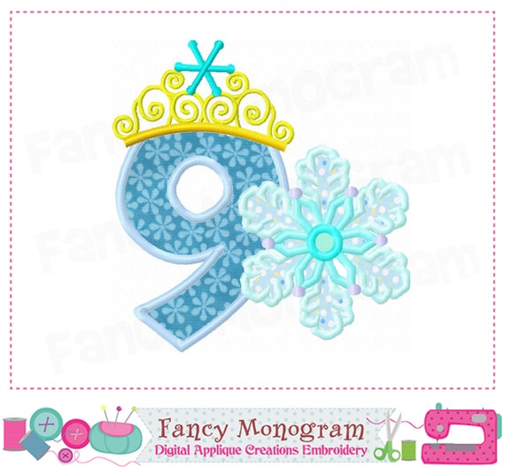 Frozen Number 9 applique,Princess Crown Number 9 applique,9,Snowflake ...