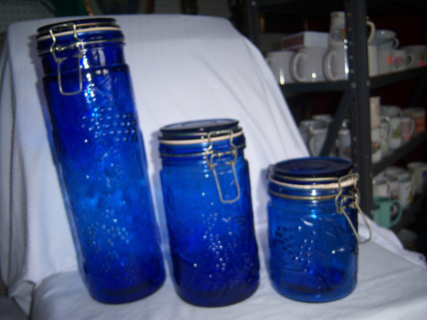 Vintage Three Piece Set Of Cobalt Blue Glass Canister With