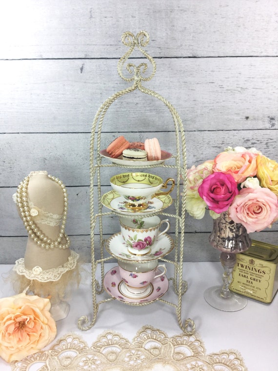4 Tier Twisted Metal Shabby Chic Tea Cup and Saucer Display