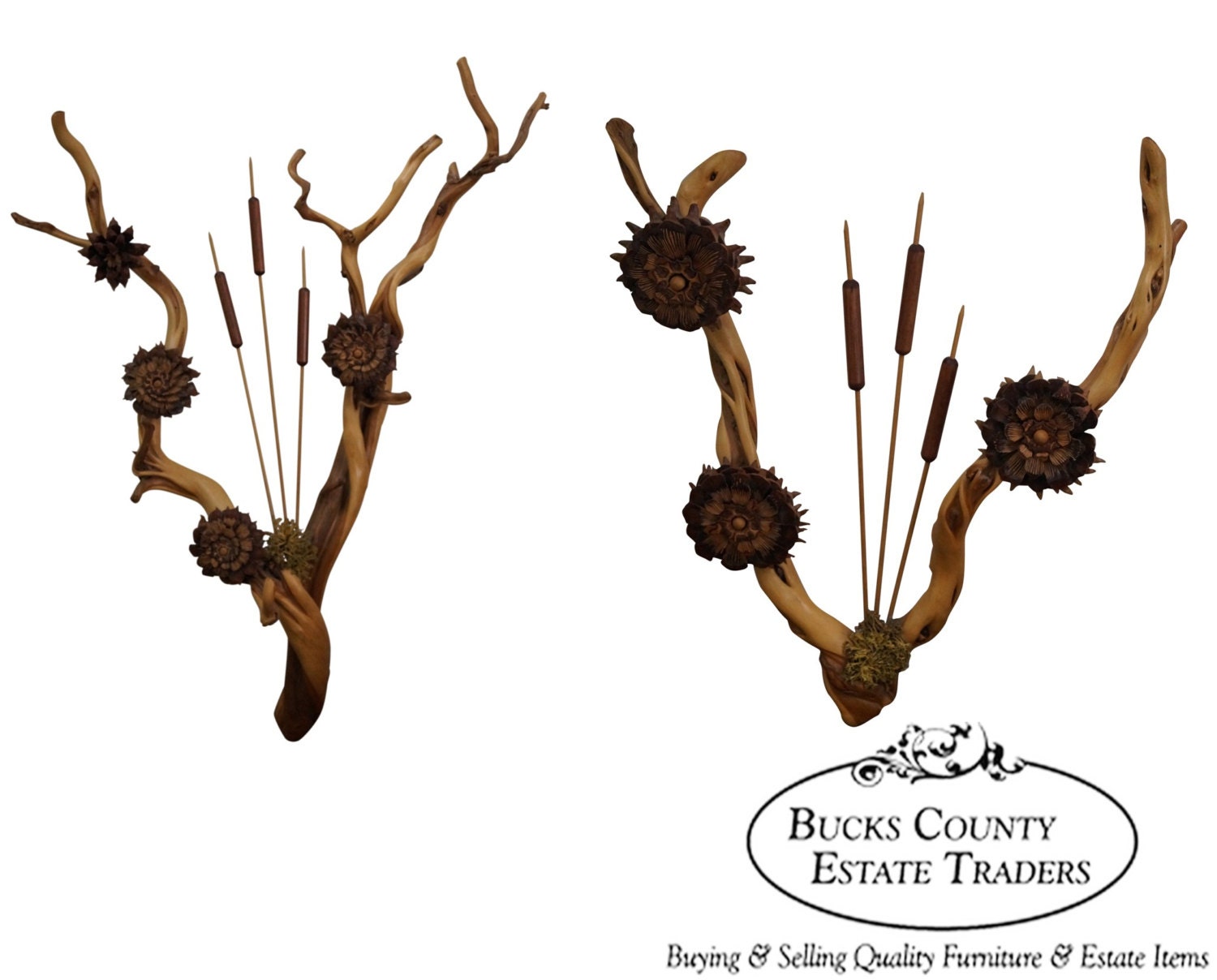 Quality Studio Hand Crafted Pair of Wood Cattail Hanging Wall ...