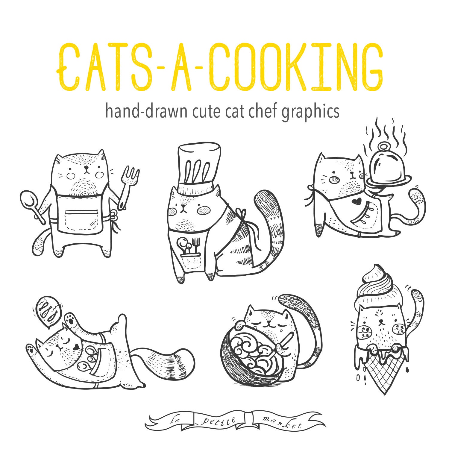 Hand Drawn Cute Cats Cooking Baking Adorable Kitten Clip Art