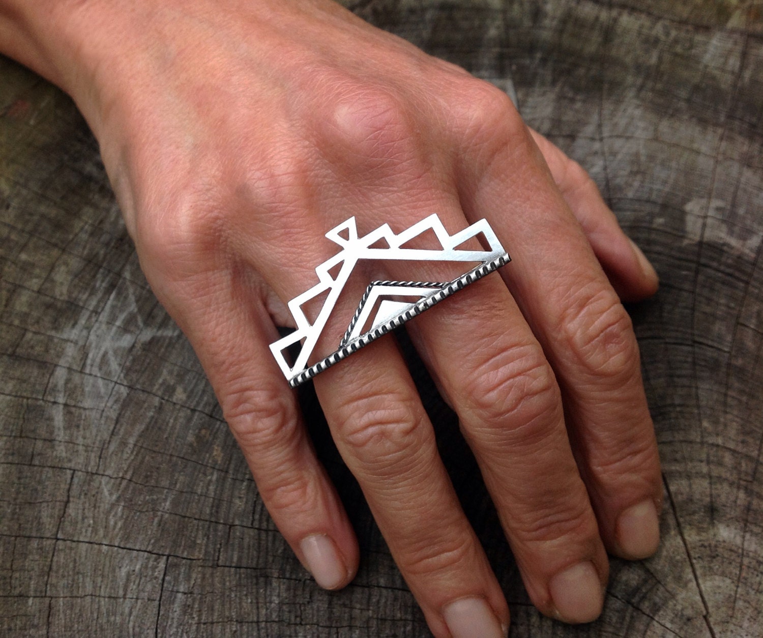 Maya knuckle duster ring geometric Aztec double ring boho