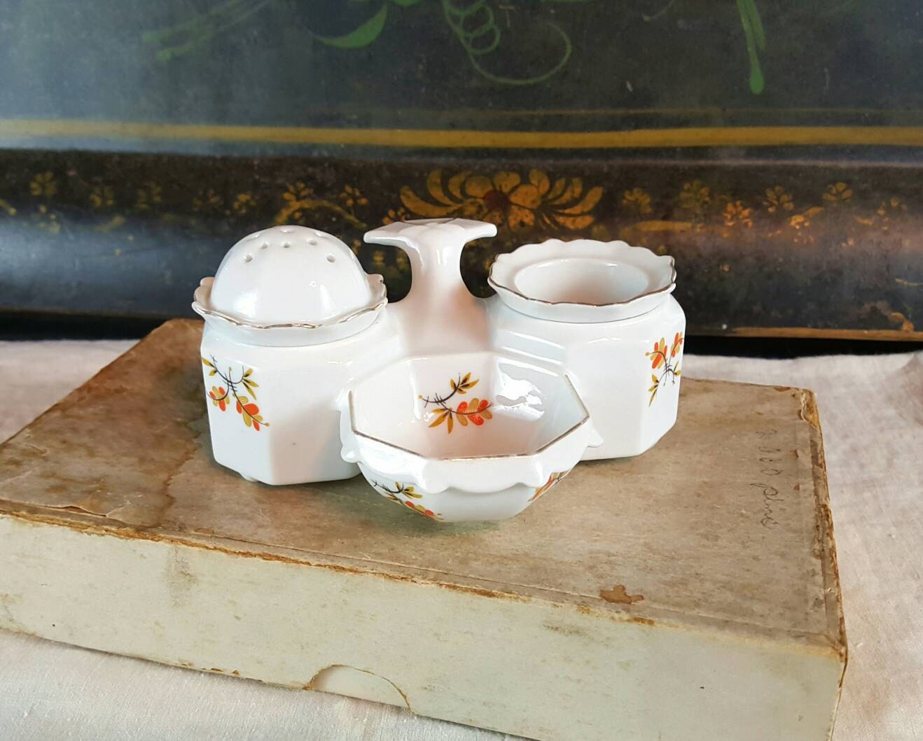 Vintage Porcelain Salt and Pepper Caddy Condiment Dish White