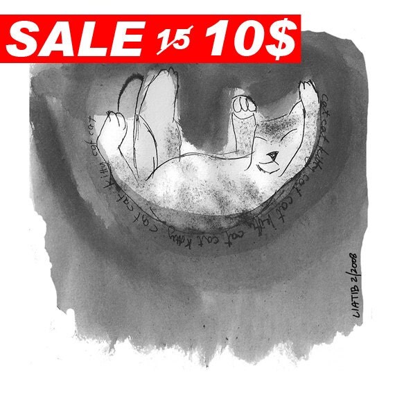 Falling kitten Drawing , black and white A5 illustration print on paper ...