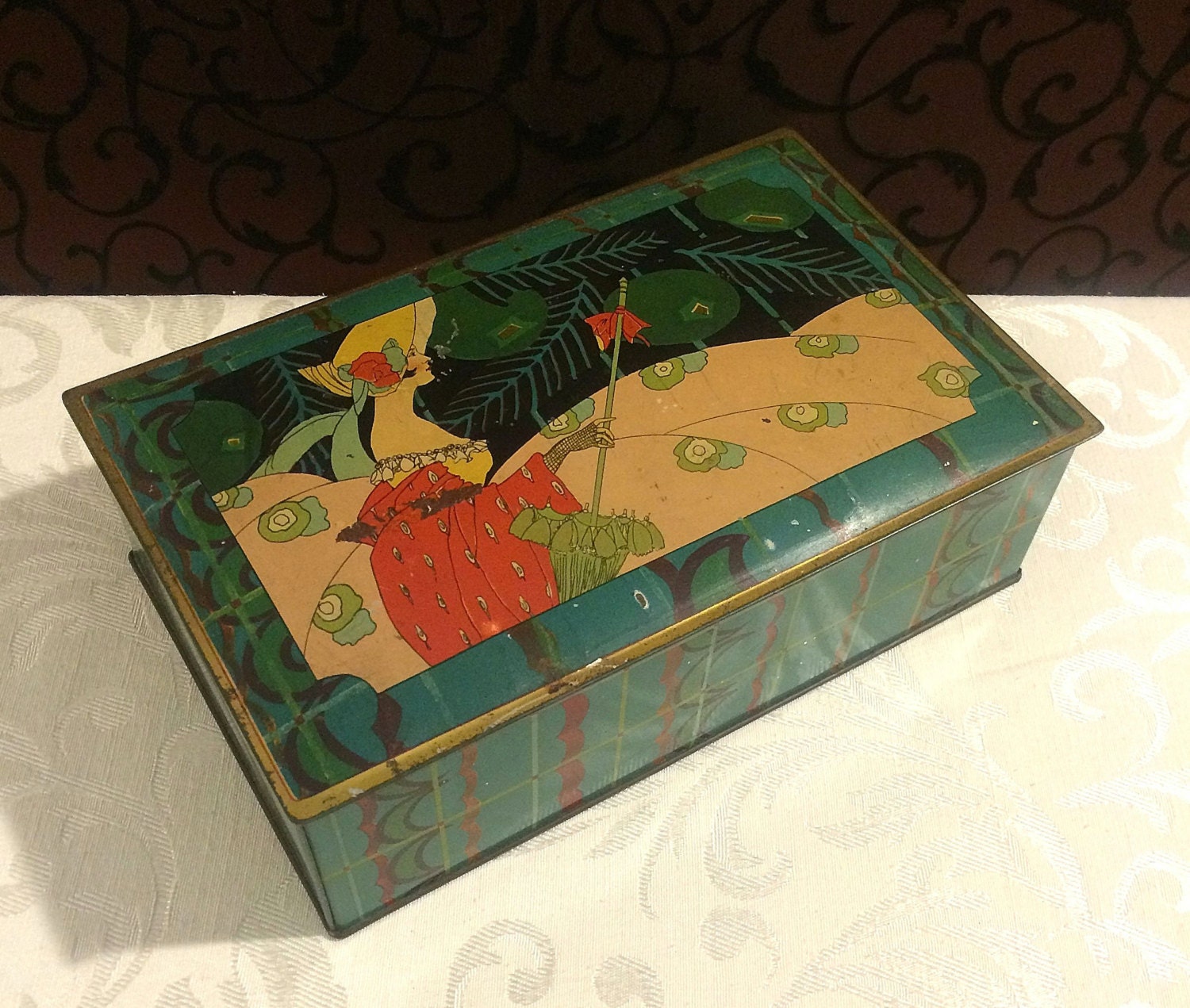 Stunning Teal Box, Art Deco Box, Antique Tin Box, 1920s, Canco Vintage ...