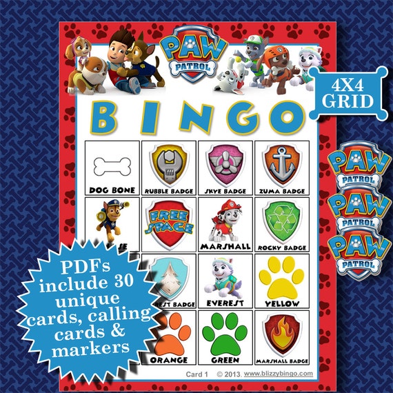 PAW PATROL 4x4 Bingo printable PDFs contain everything you