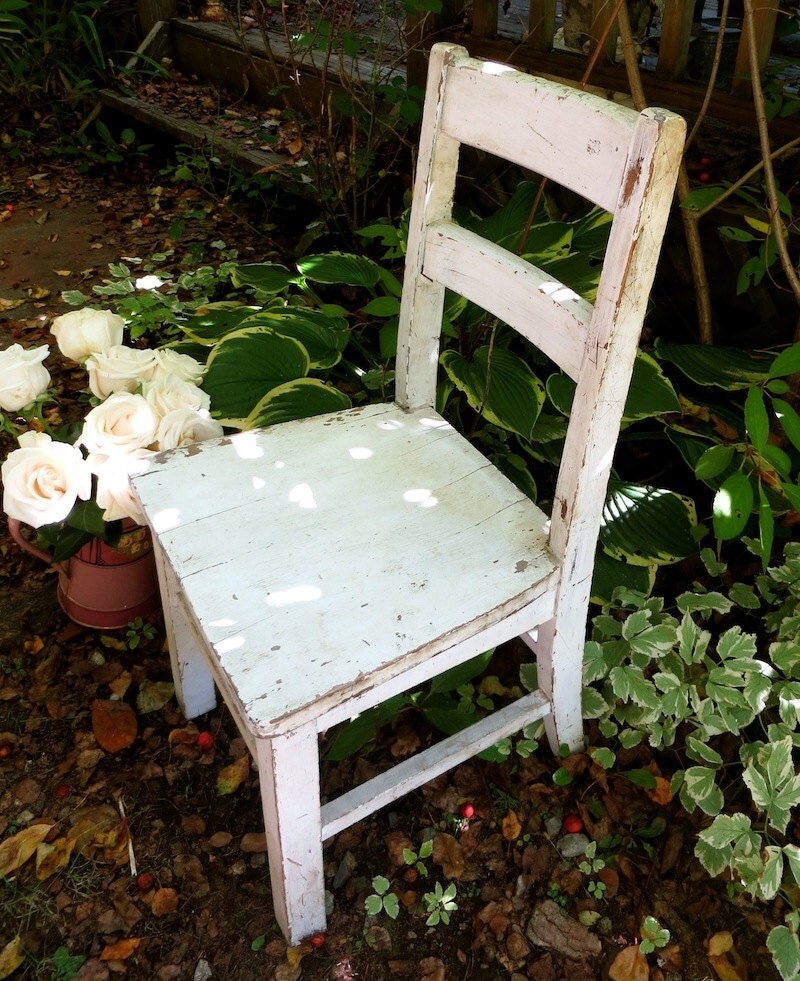 Vintage Wooden Chair, White Chippy Paint, Weathered, Small Size, Rustic ...