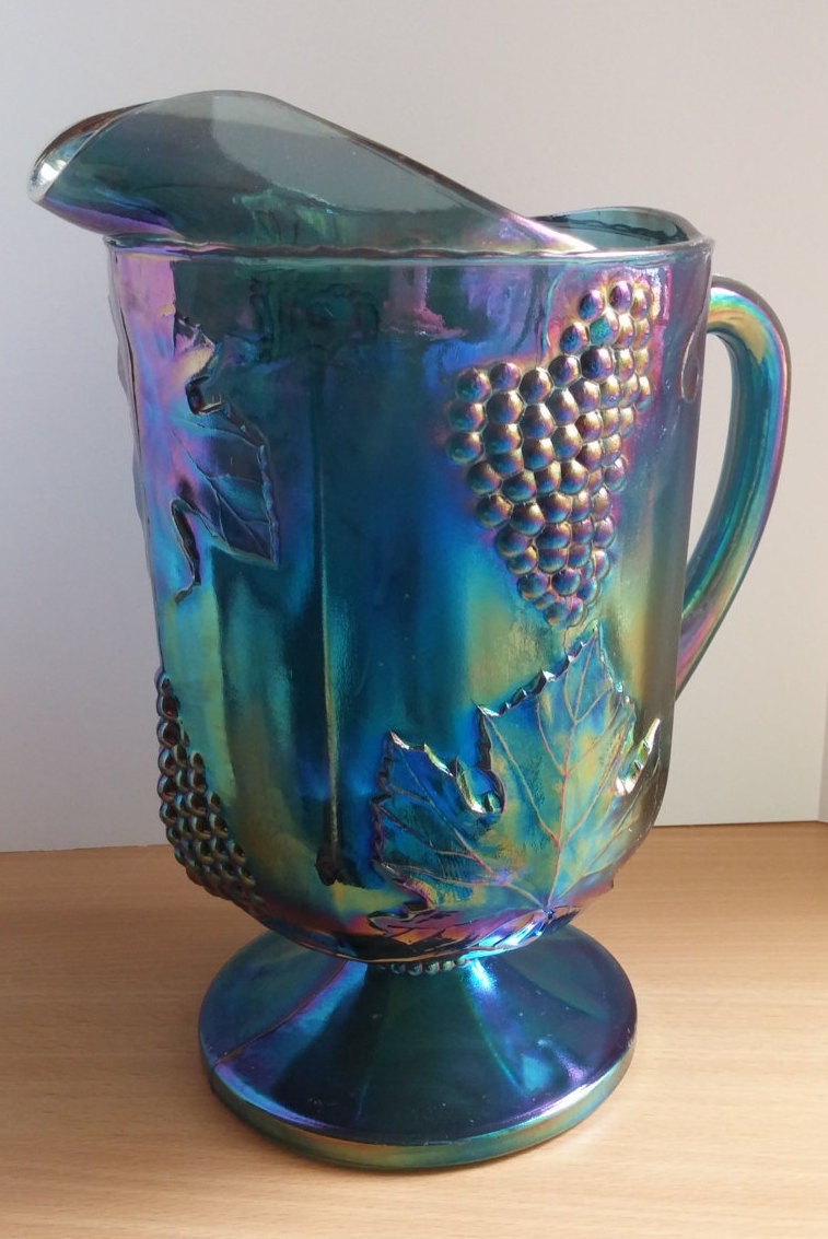 Blue Carnival Glass Pitcher Iridescent Blue Harvest Grape Blue Carnival Glass Pitcher Iridescent Blue Harvest Grape