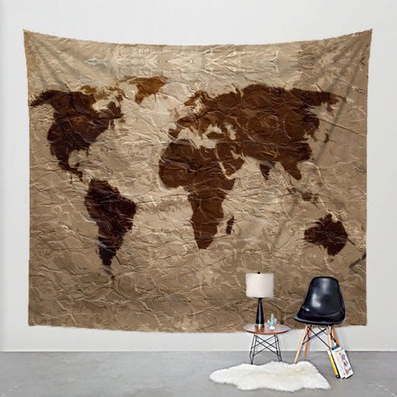 World Map Tapestry Rustic Fabric Art Print Wall Hanging