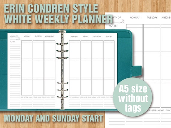 Erin Condren style printable weekly planner A5 size WHITE