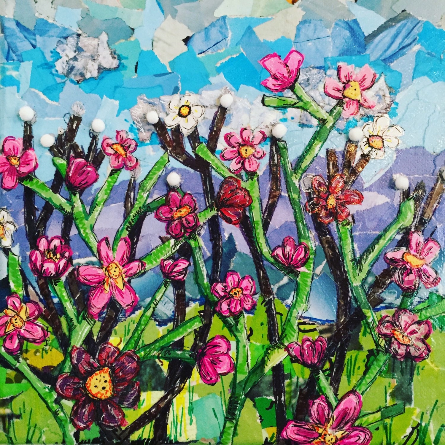 Pink Flower Art Original Collage Mixed Media by TerriJonesArt