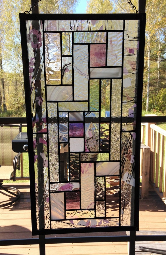 Pink and Clear Textured Stained Glass Window Panel Geometic