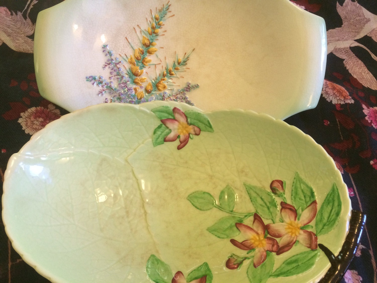 2 Vintage Green Serving Dishes with Flower Motifs, 1950s/60s, Beswick ...