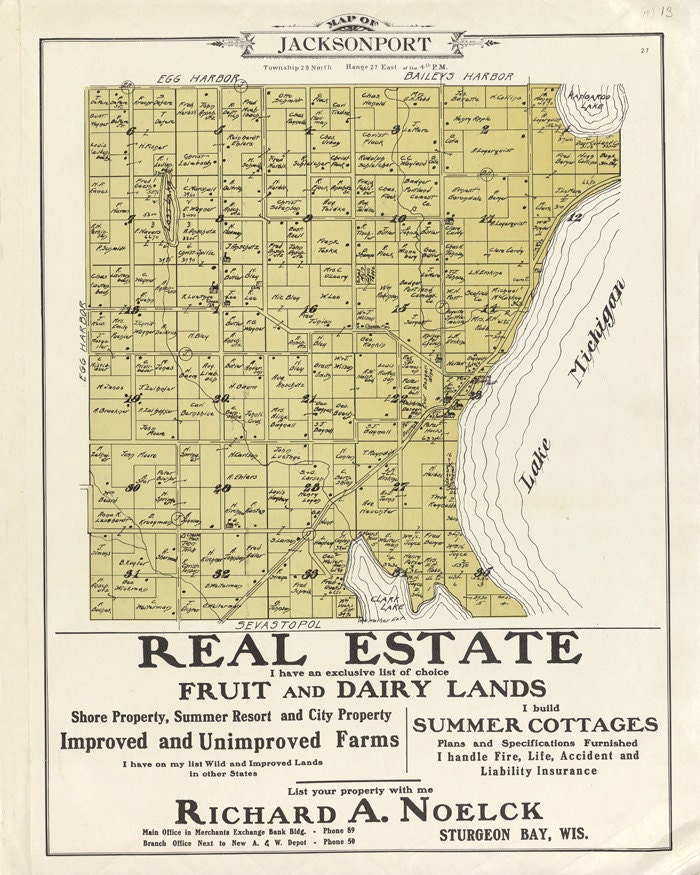1914 Map of Jacksonport Township Door County Wisconsin