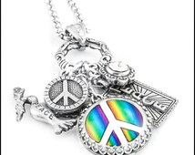World Peace Charm Jewelry, Peace Sign Silver Jewelry, Glass Pendant ...