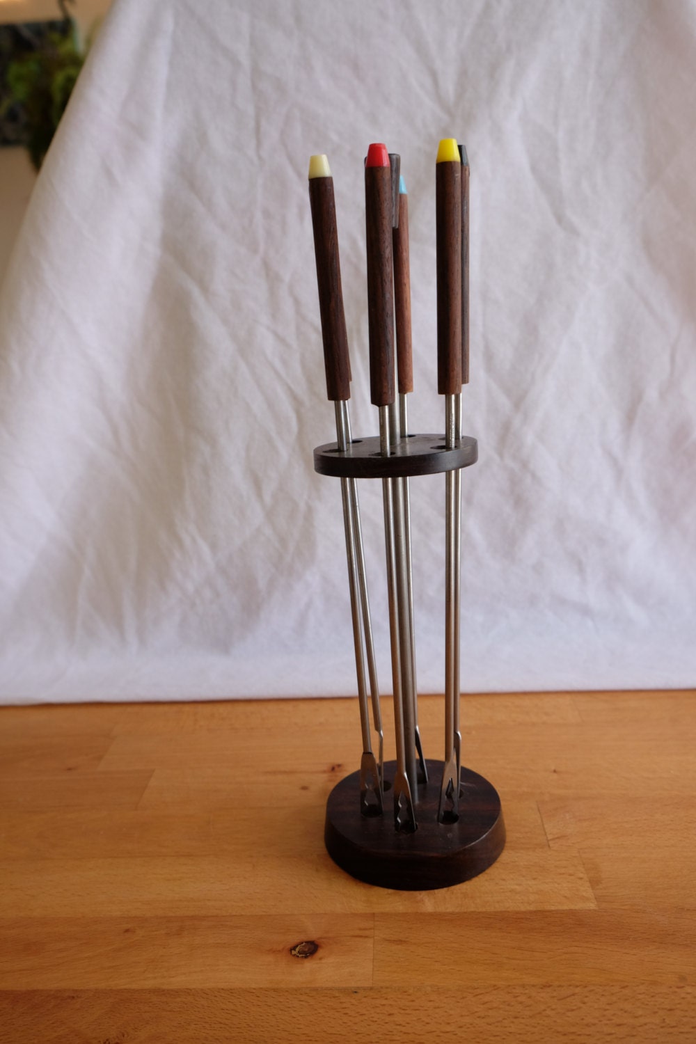 Set of 6 Vintage Mid Century Rosewood Fondue Set with Display Stand ...