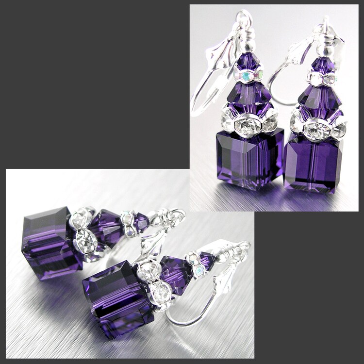 Dark Purple Crystal Earrings Sterling Silver By Dorotajewelry