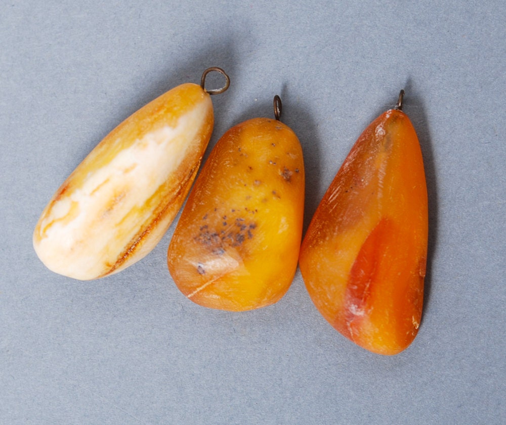 Set of 3 vintage Genuine Natural Baltic Amber charms with metal loop ...