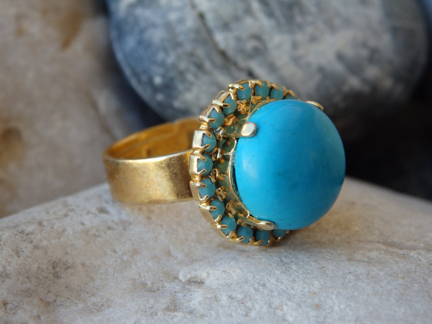 Gold Turquoise Ring Genuine Turquoise Jewelry Blue Gemstone