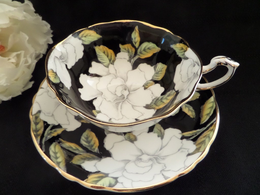 Paragon Tea Cup — Handpainted White Blossoms on Black — English Teacup ...