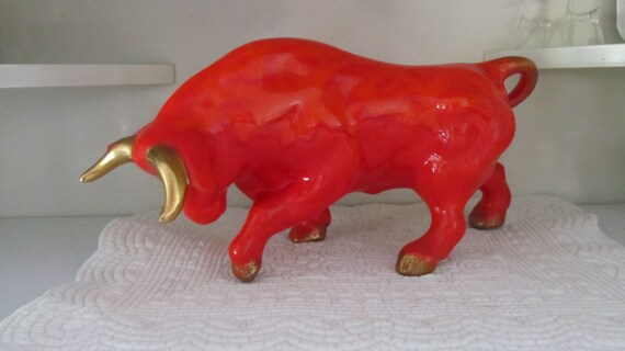 Vintage 1960s Ceramic Red Bull Statue Matador trimmed in