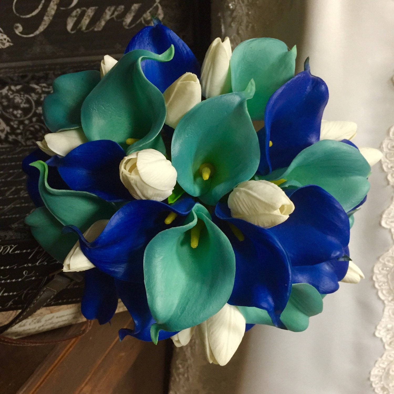 Real Touch Royal Blue Aqua Blue Calla Lily Ivory Tulip Bridal