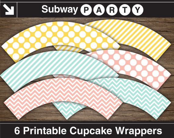 Yellow Mint Coral Cupcake Wrappers / Cupcake Liners. Chevron