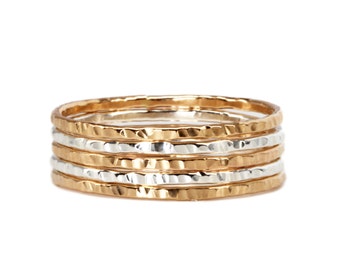 Gold and Silver Stack Ring Set Hammered Gold by SoulCreekJewelry