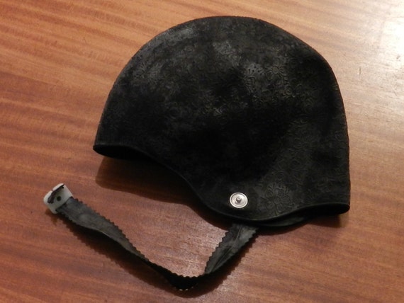 Black Rubber Bathing Swim Cap Chin Strap by OliviaSueVintage