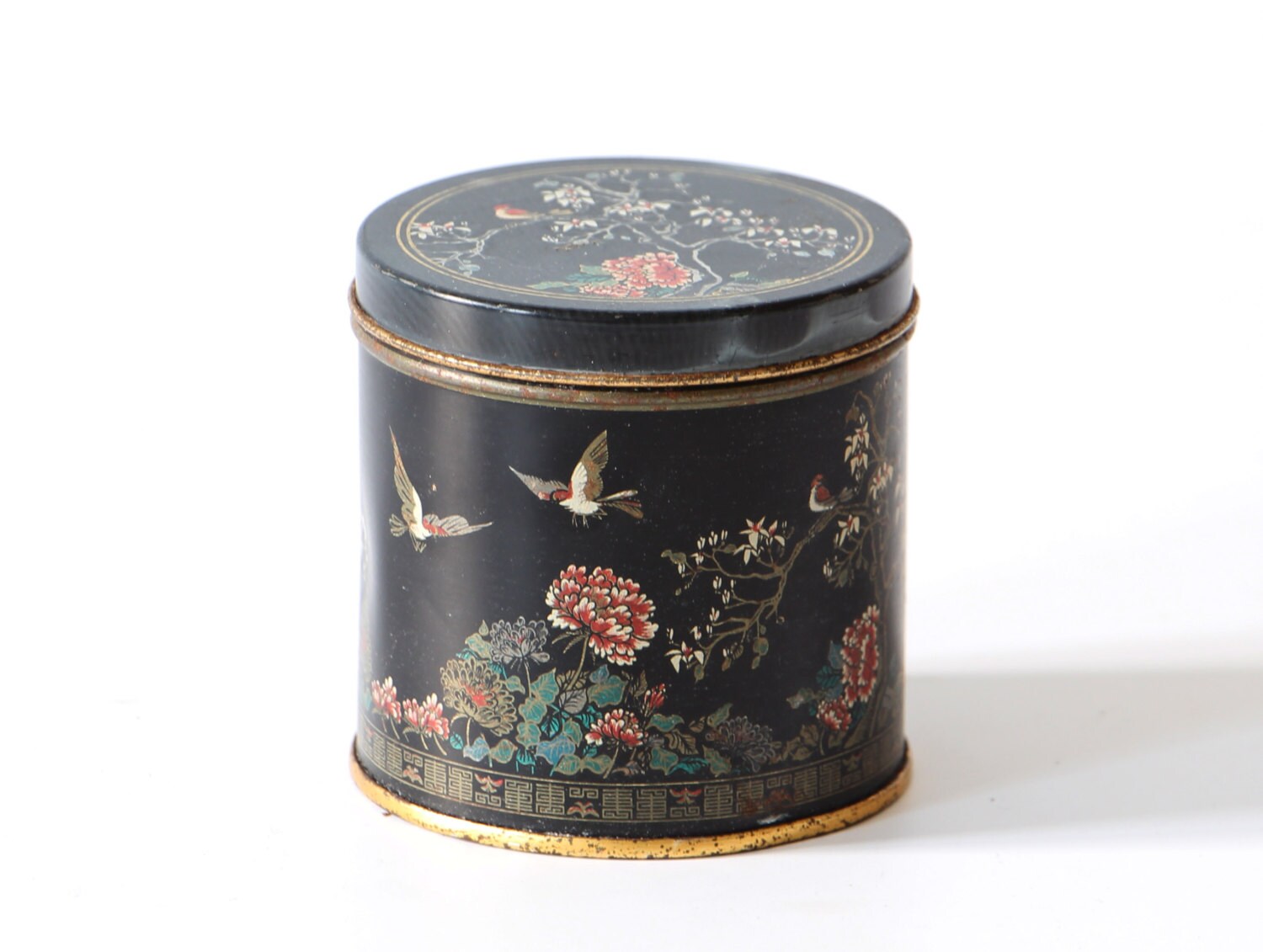 Vintage tin box Asian tea box black flowers birds old box with lid ...