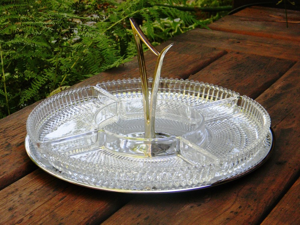 Vintage Handled Silver Toned Relish Tray, Condiment Server with Glass ...