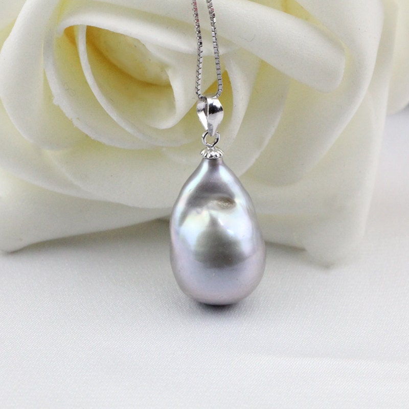 Silver grey large baroque pearl pendant necklacegray color