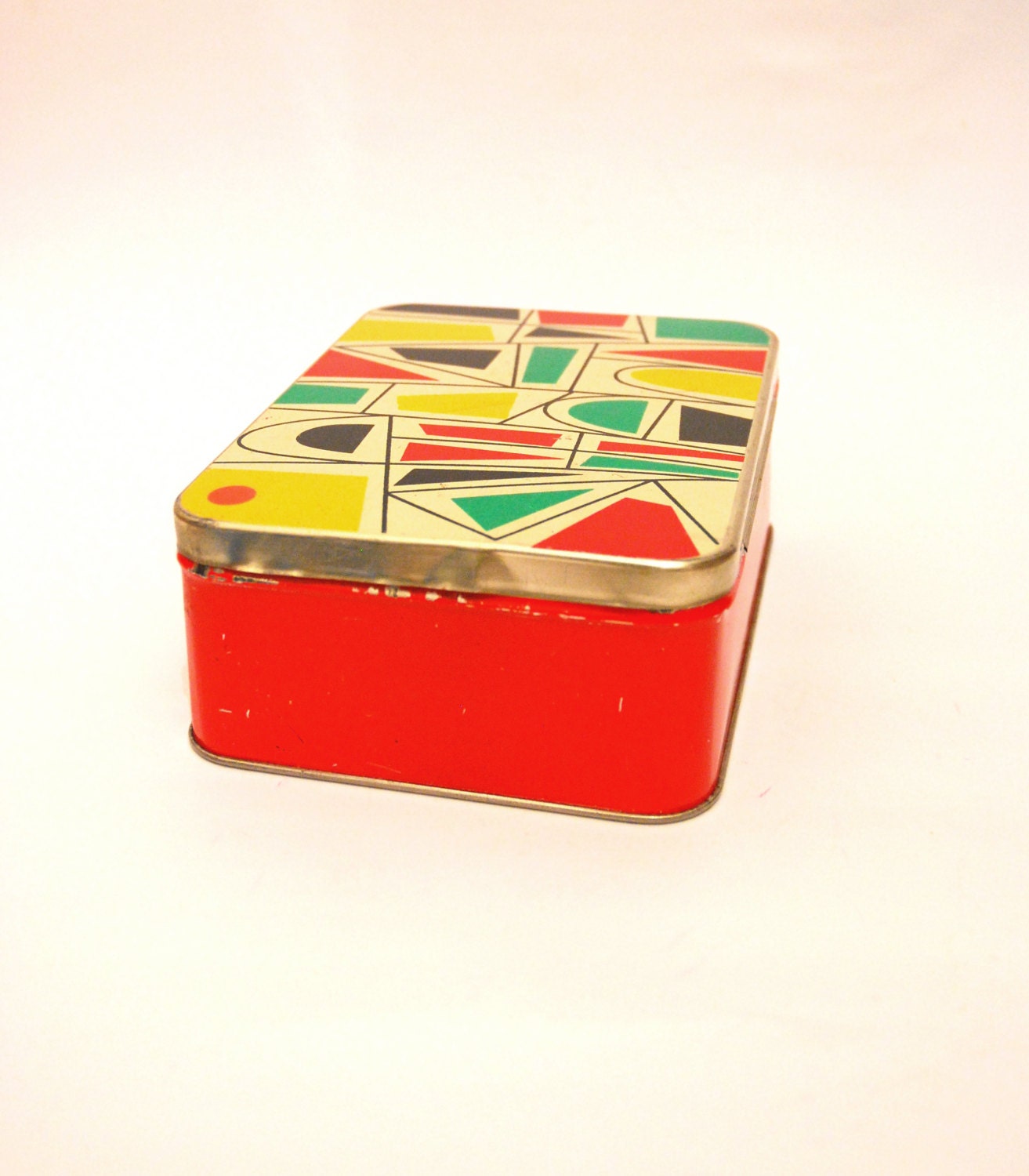 Small Geometric Pattern Soviet Tin Box In Red, Yellow, Green, Vintage ...