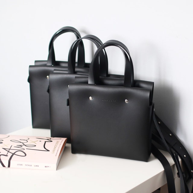 Black Leather Bag Handmade Minimalist Simple and by LessMoreBag