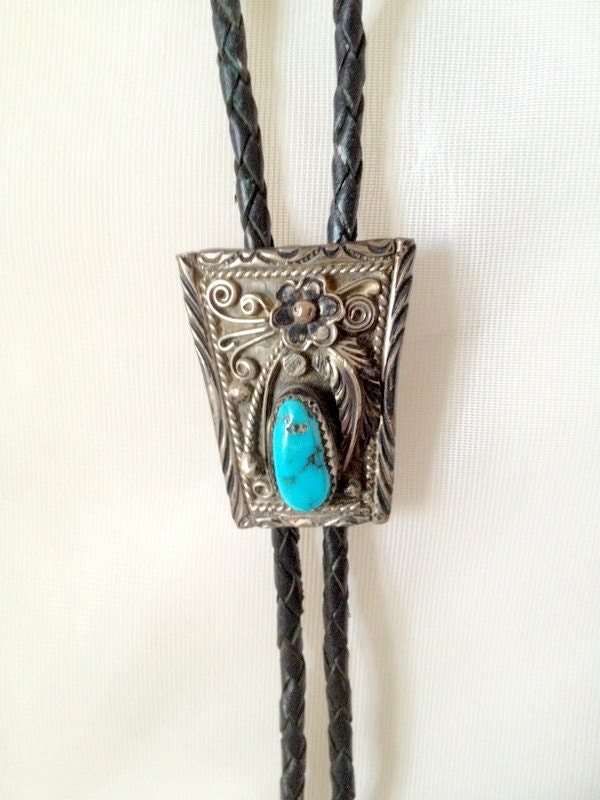 vintage Bolo Tie – Turquoise stone Silver made by Bennett – Black ...