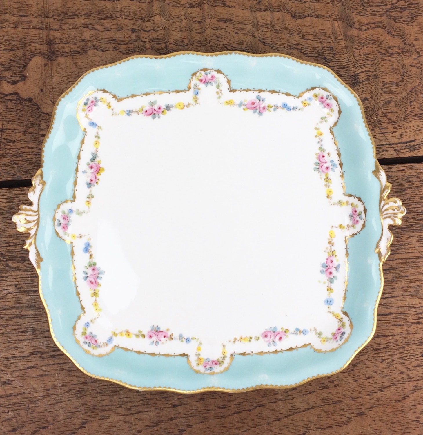 Vintage tea time bone china square serving plate with pretty aqua and ...